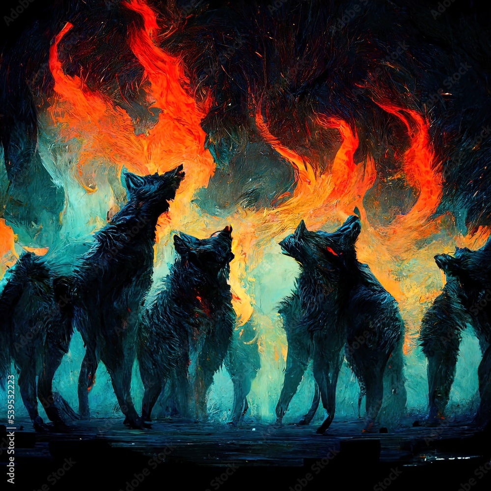 Pack of Wolves Ready for Battle Illustration Vibrant Colors Digital Art ...
