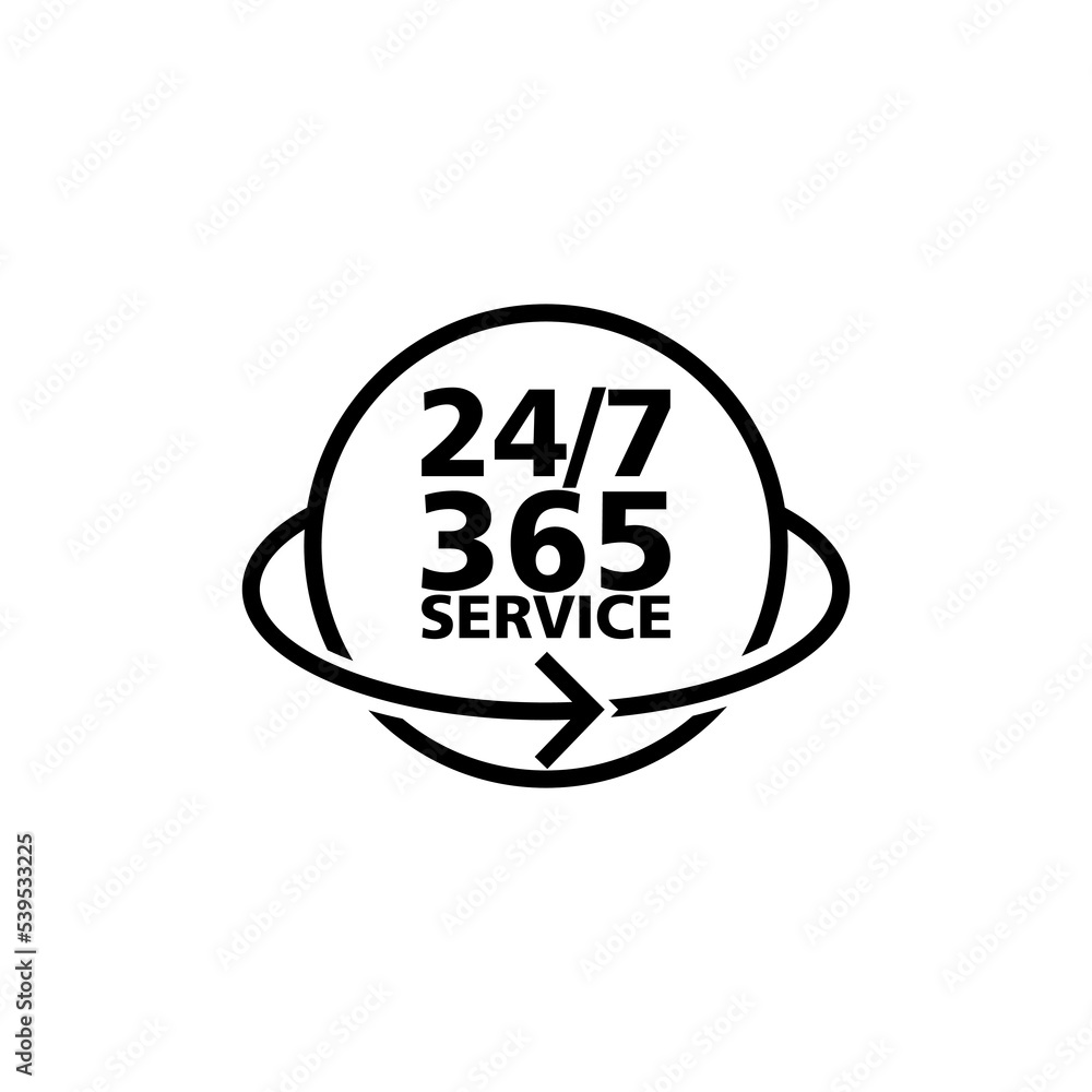 24 7 hour clock icon. 24 7 hrs and 365 day open, service and support ...