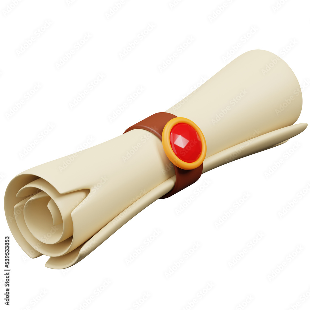 Scroll and map treasure with red crystal 3d rendering icon for website ...