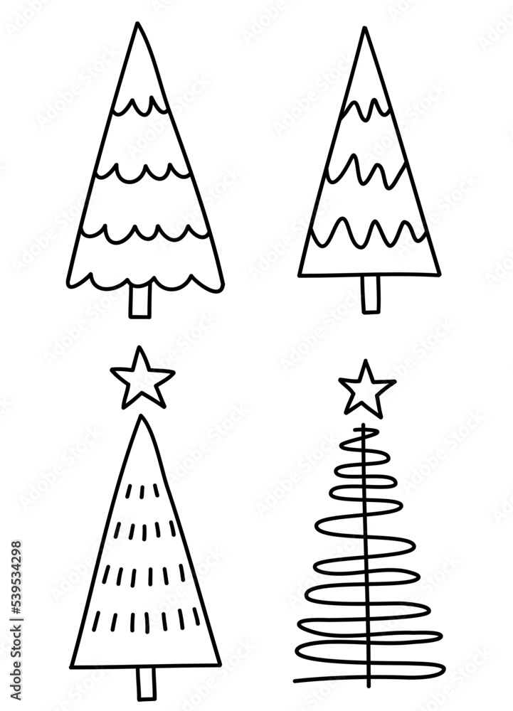 Christmas tree line illustration set, winter line art vector, christmas ...