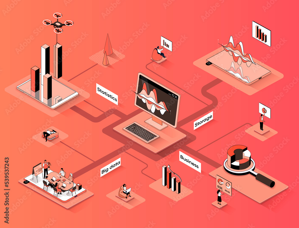 Big data analysis isometric web banner. Collection and analytics of business statistics info ...
