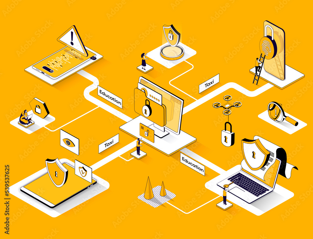 Cyber security isometric web banner. Protect personal data 3d scene ...