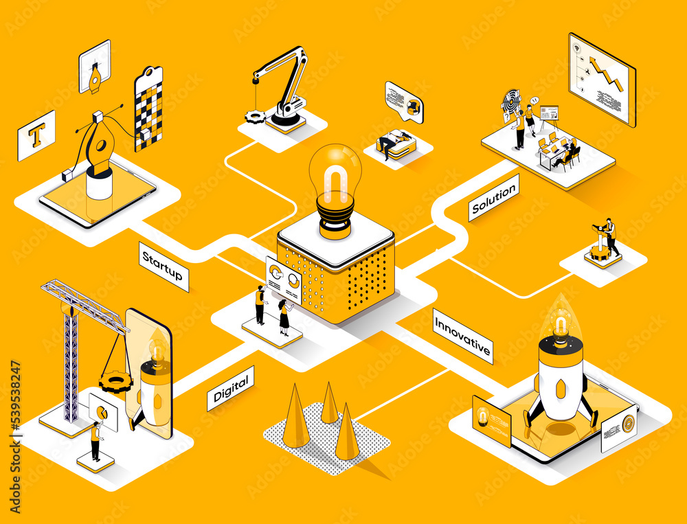 Startup Isometric Web Banner Innovation Solution Of Business Flat Isometry Concept Development