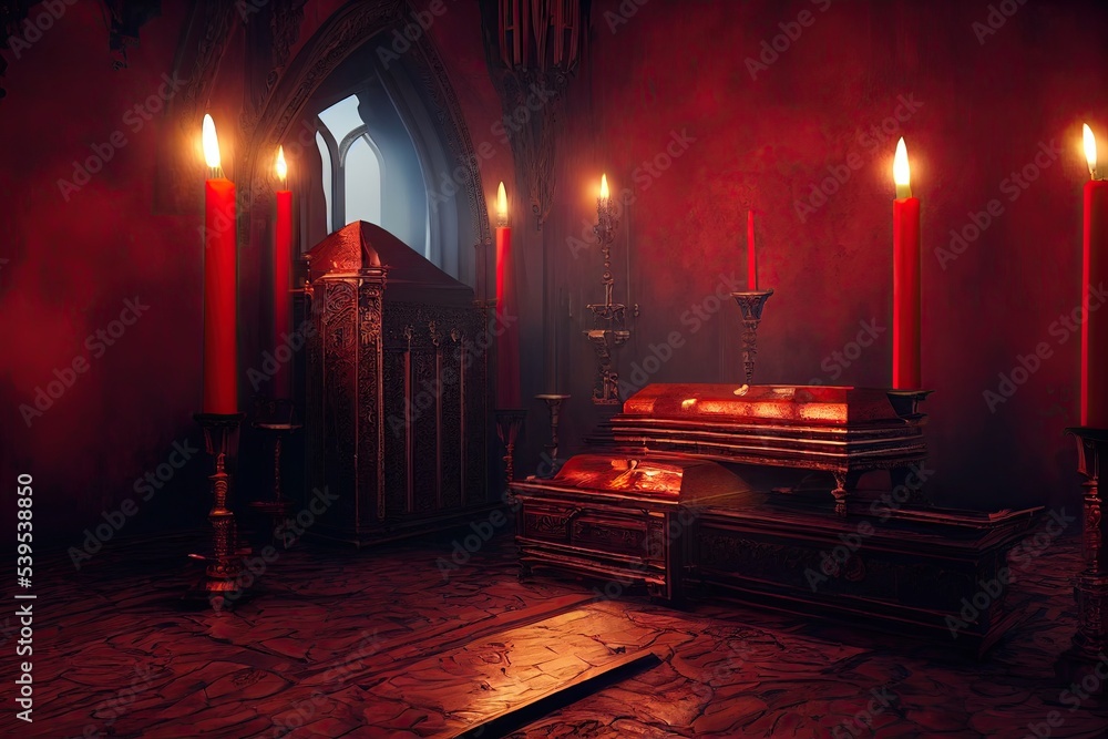 interior of Dracula castle, victorian furnitures and coffin illuminated ...