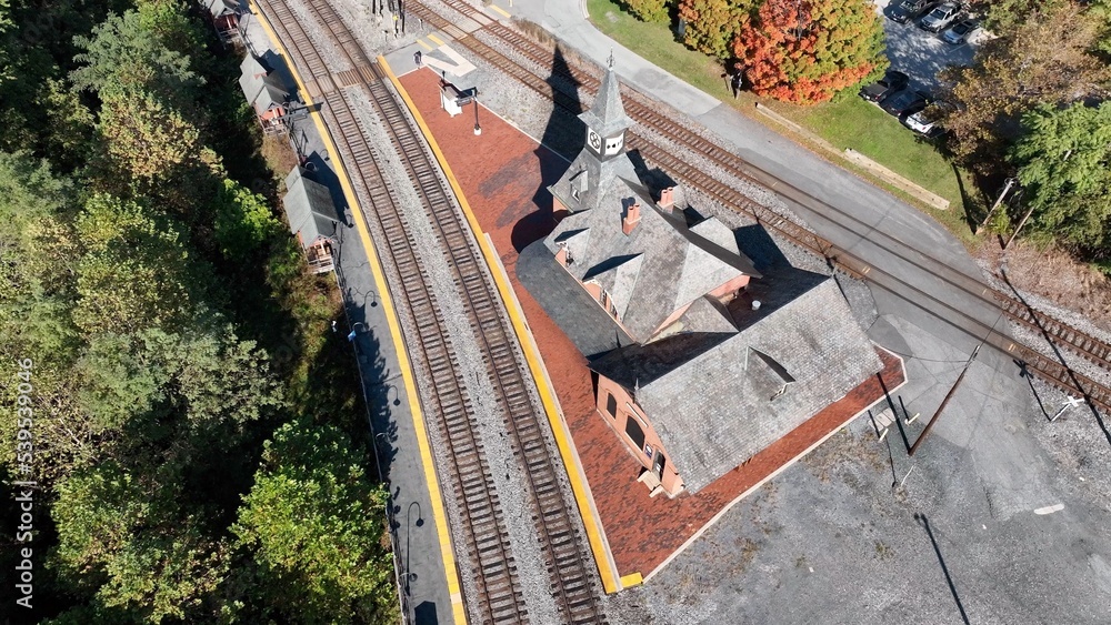 Rail train station depot in Point of Rocks Maryland beside forest ...