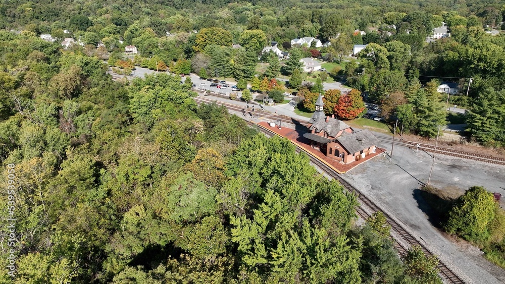 Rail train station depot in Point of Rocks Maryland beside forest ...