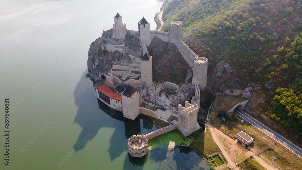 Aerial photography of Golubac medieval fortress located on the Danube ...