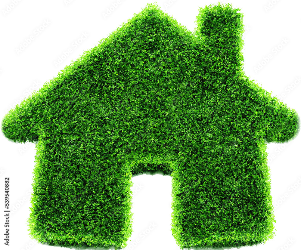 3D illustration, Green grass home icon. Eco house icon isolated on ...