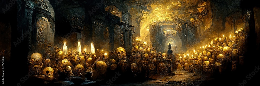 Scary endless medieval catacombs with torches. Mystical nightmare. 3D ...