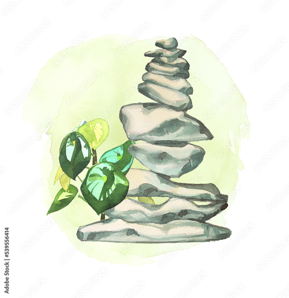 Watercolor balanced stones illustration isolated on white. Yoga themed ...