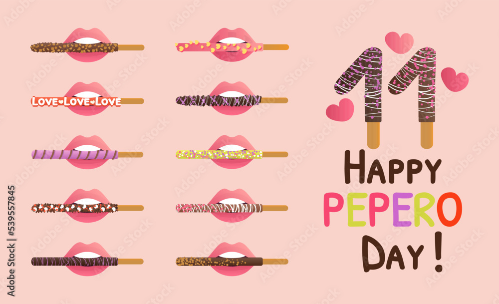Happy pepero day. Set of assorted chocolate dipped pepero sticks in ...