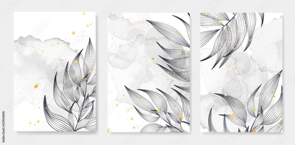 Black and white watercolor art background with exotic plant leaves in ...