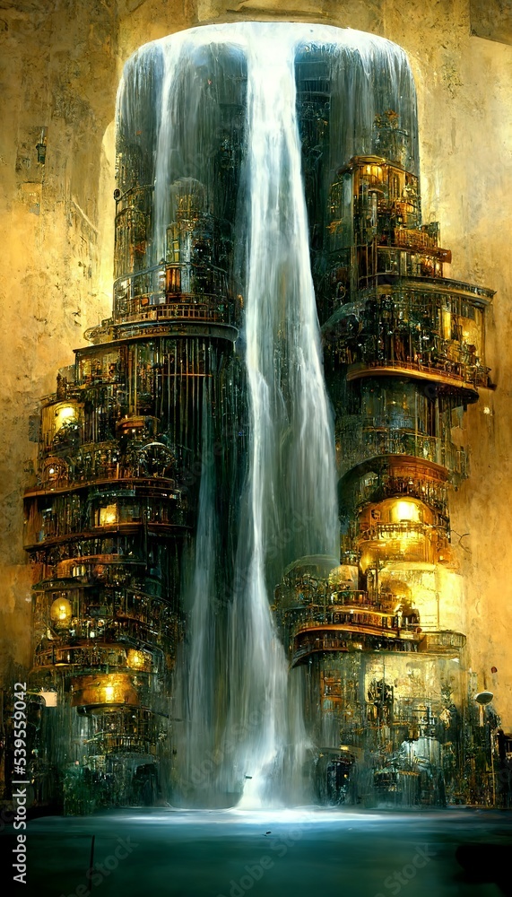 Steampunk waterfall building architecture in fantasy city illustration ...