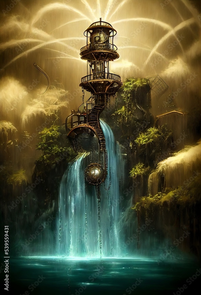 Steampunk waterfall architecture with clouds in fantasy city ...