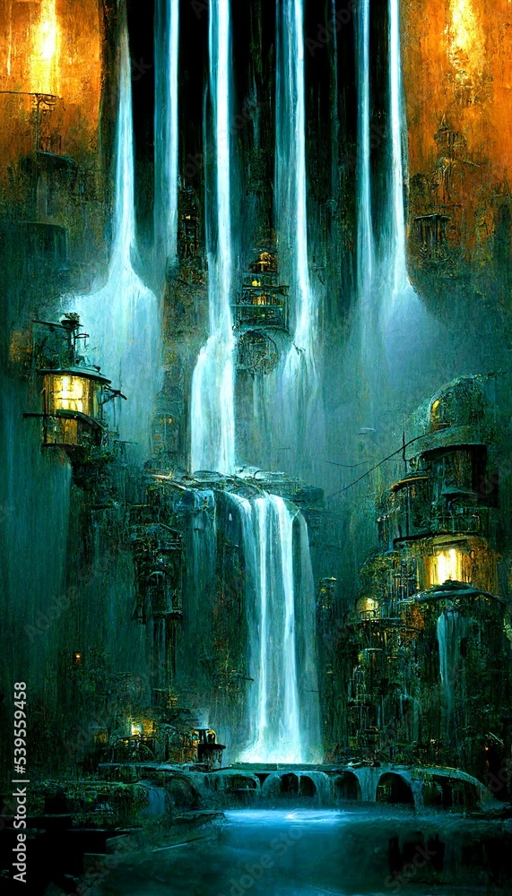 Steampunk waterfall architecture in fantasy city illustration Stock ...