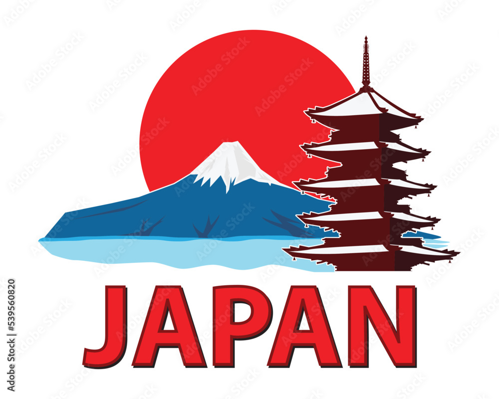 symbols of Japan with five storey japan style red pagoda background ...