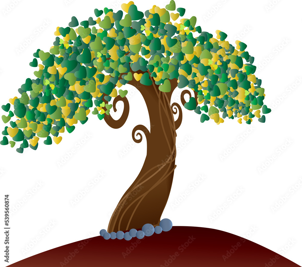 cartoon tree with heart shaped leaves atop a hill Stock Illustration ...