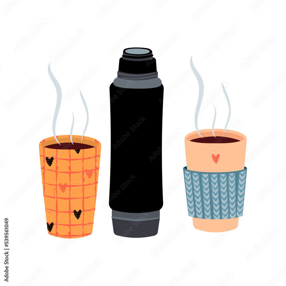 Thermos and two paper cups with a hot drink,decorated with hearts ...