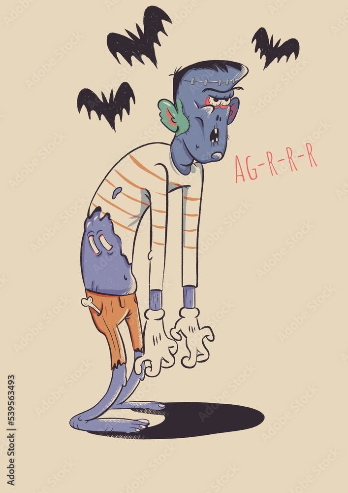 Illustration in retro style. A funny skinny purple zombie with a big ...