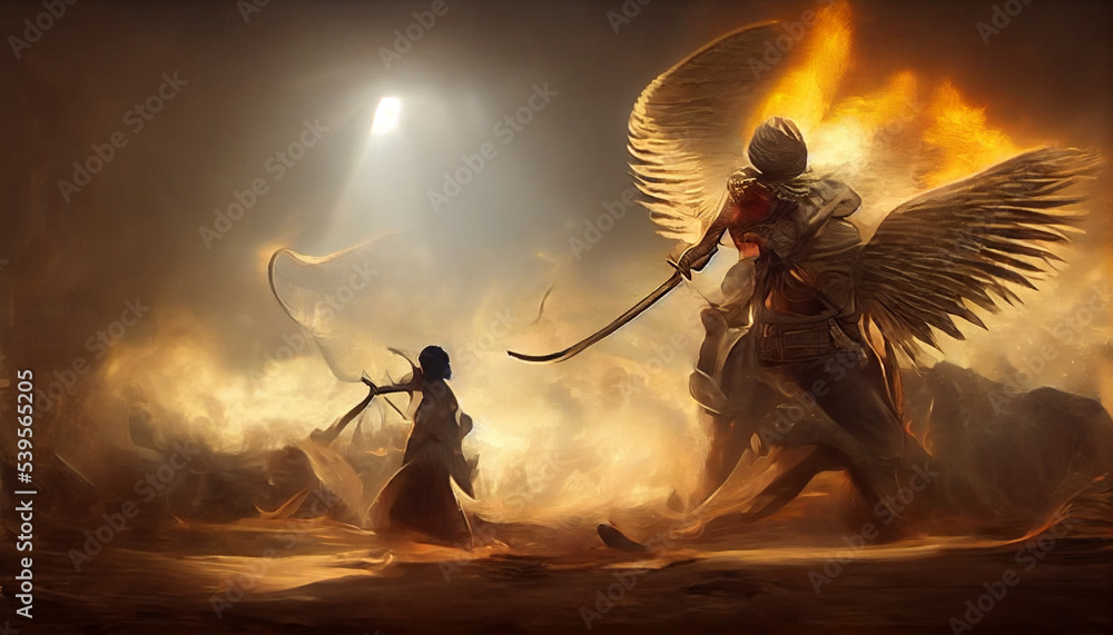 An egyptian angel fights with a warrior. Eternal battle good vs evil ...