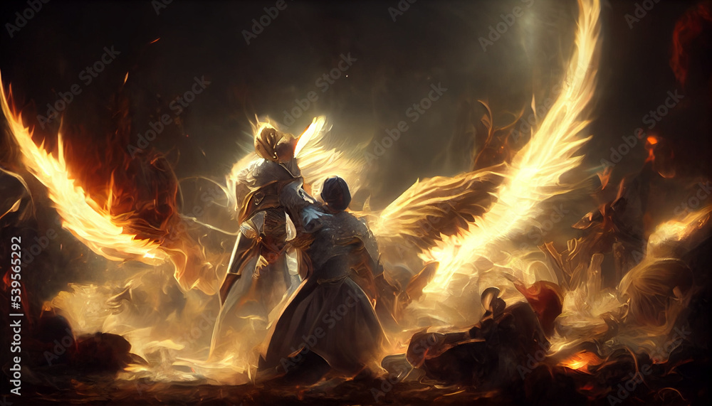 An angel fights with a demon. Eternal battle good vs evil. Inspired by Bible and Egyptian ...