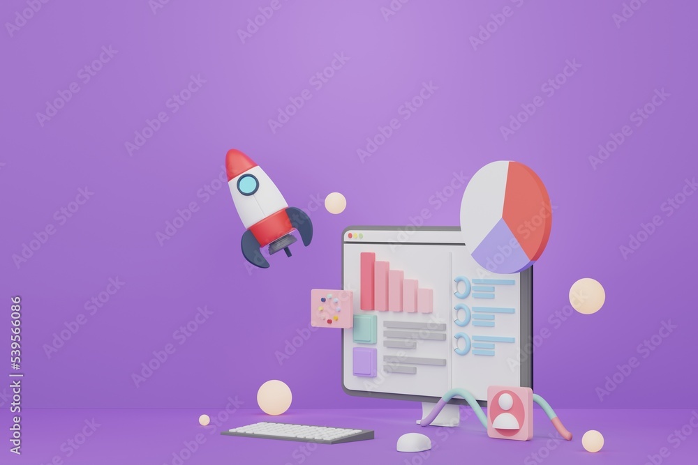 3d render SEO data an analytics. User interface for web banner and mock up. Business graph chart ...
