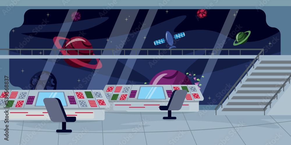 Vector illustration of the modern space station interior. Cartoon ...
