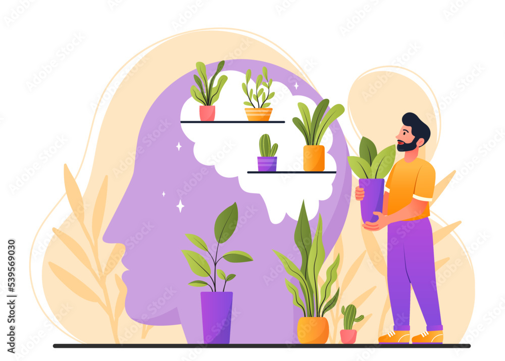 Mental health concept. Man fills abstract silhouette of head with ...