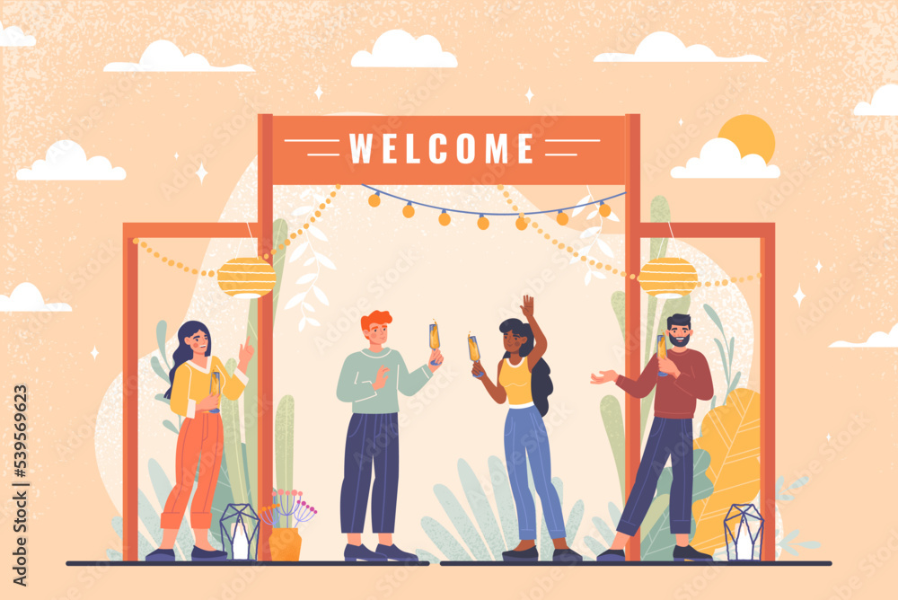 Open air event. Men and women with cocktails invited to party and disco ...