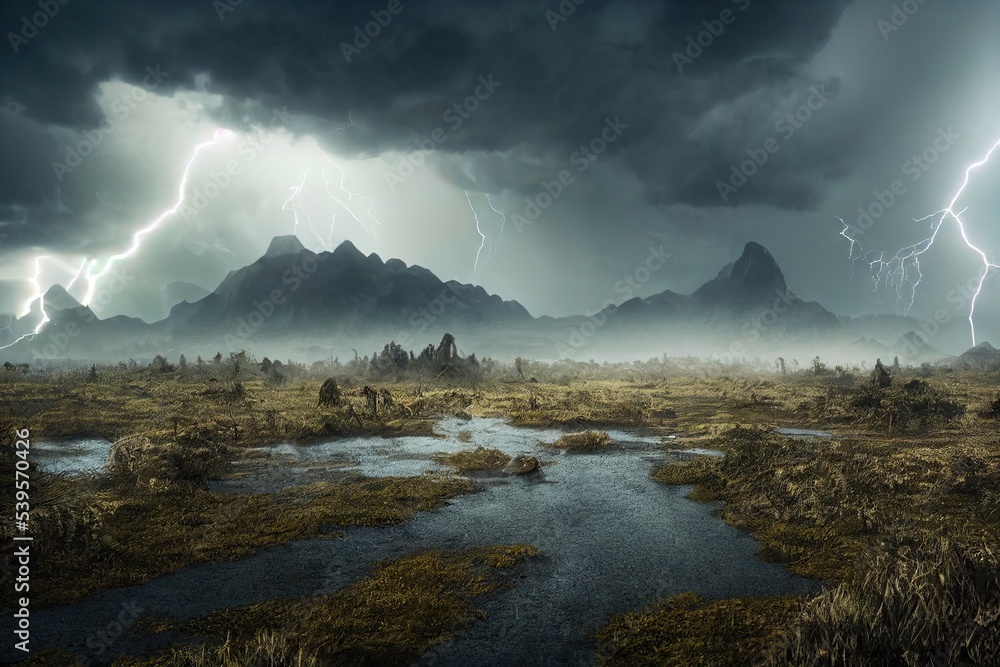 Swamp plains with dirt road winding through, mountain background ...