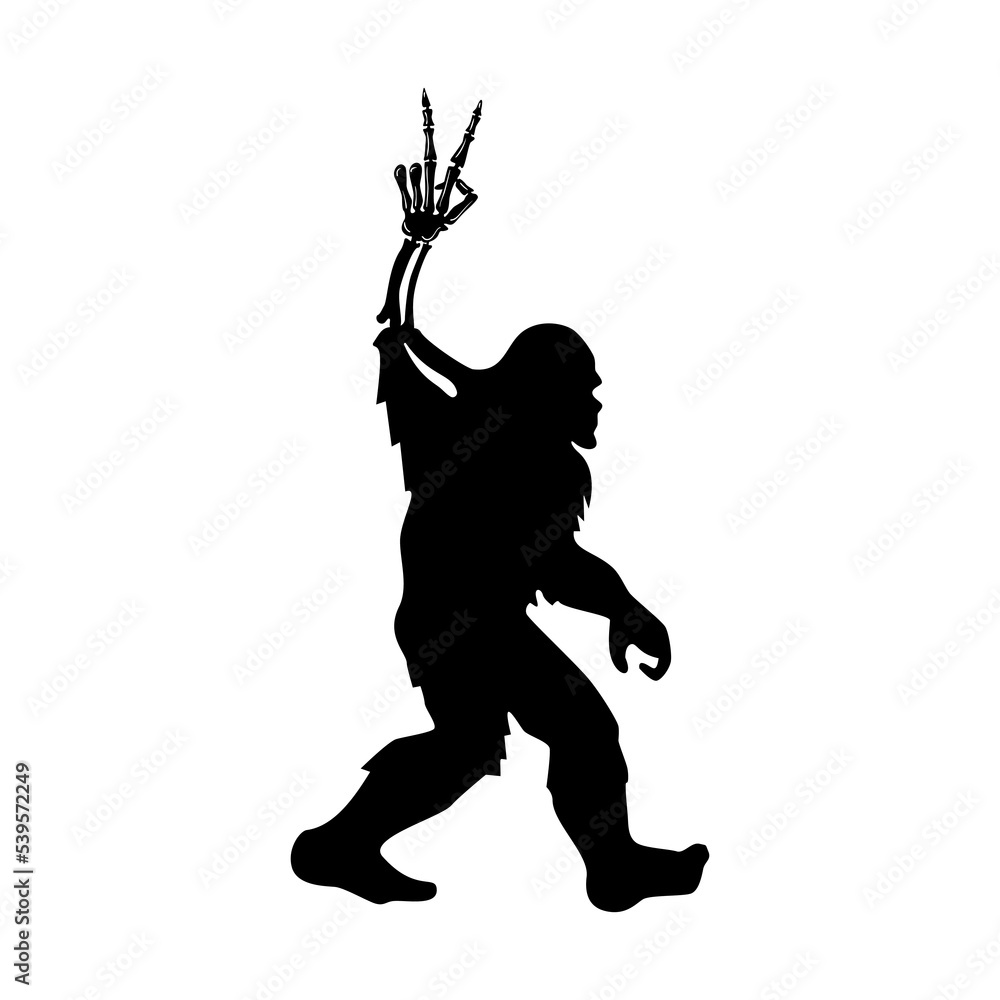 Halloween Yeti with skeleton hand. Big Foot with peace hand sign ...