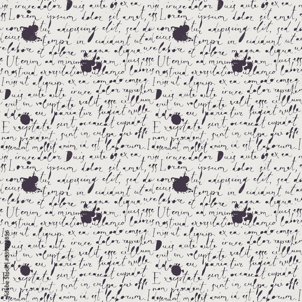 Vector seamless pattern with handwritten text and ink blobs on the old ...
