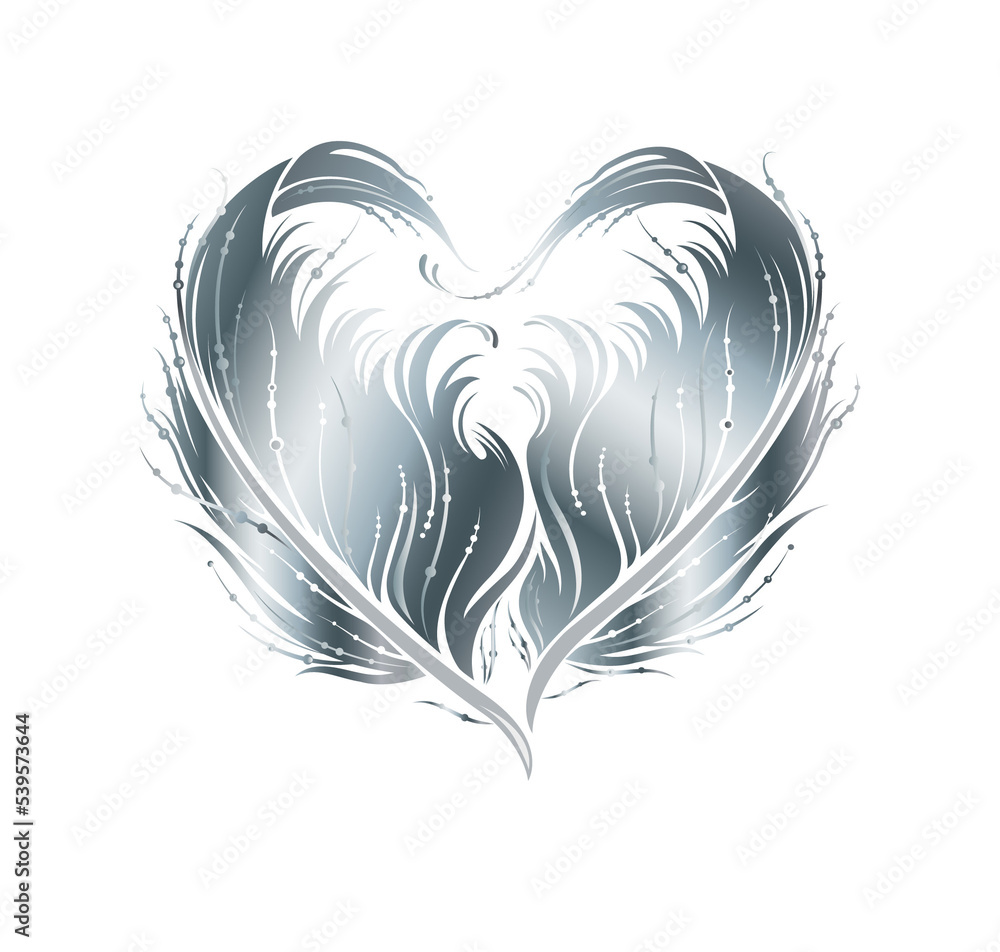 Heart shape made by silver bird feather silhouette. Ornate vector ...