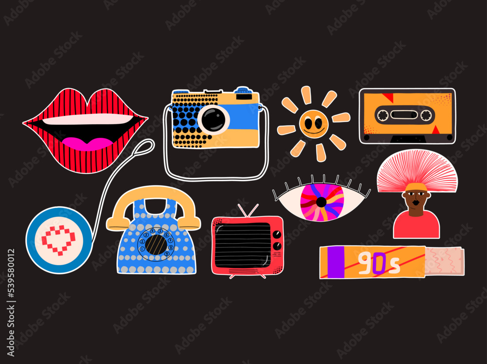 Retro 90s set with different old school elements. 80s sticker ...