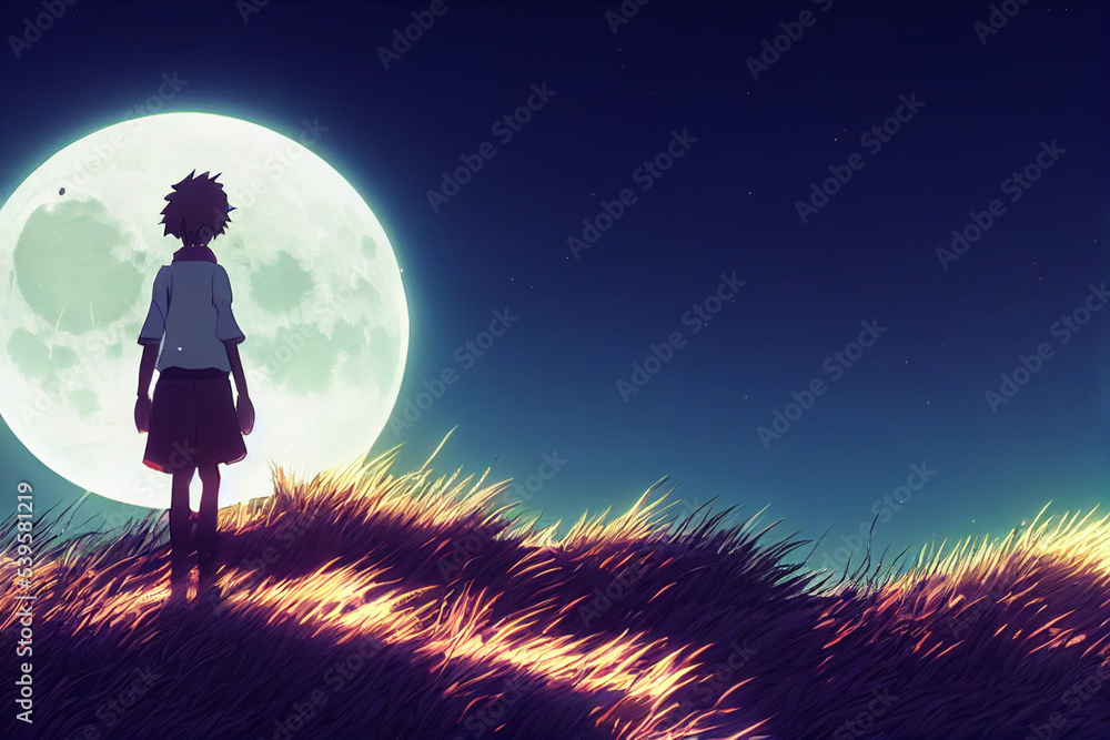 Boy on the background of the moon in anime style. High quality ...