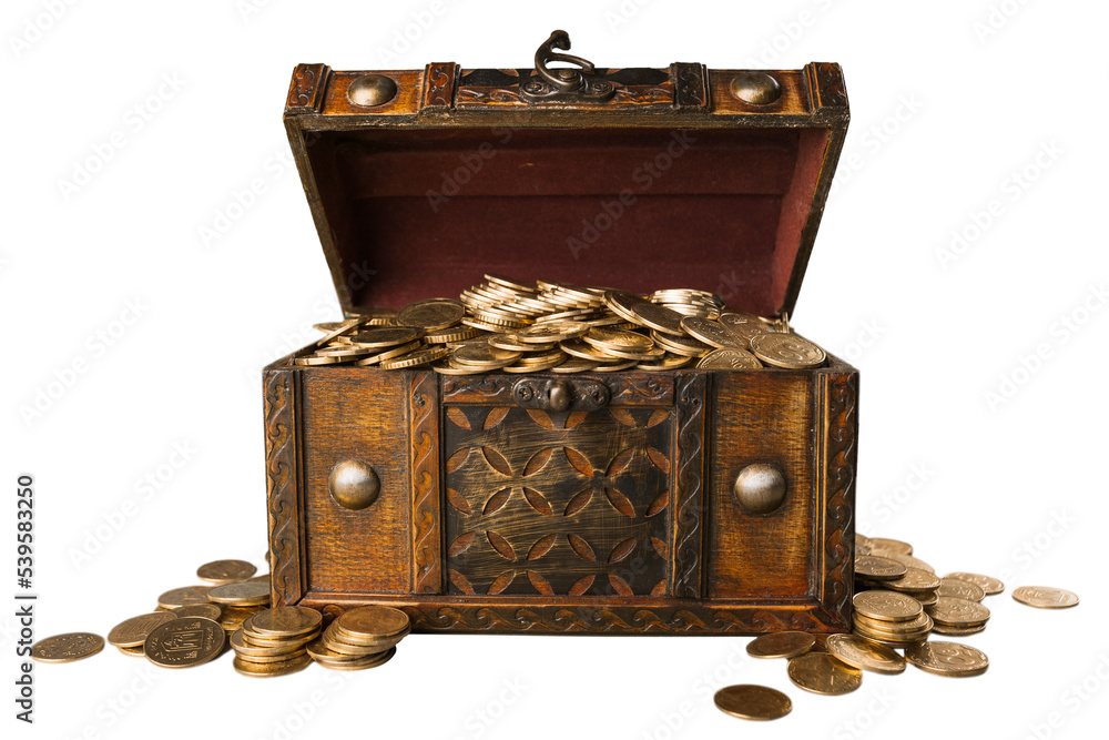 Open vintage treasure chest filled with gold coins Stock Photo | Adobe ...