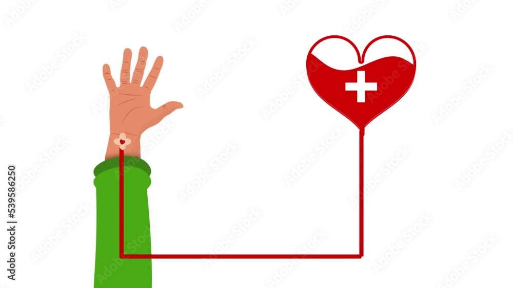 Hand Giving Blood Donor Animation with red heart filling on white ...