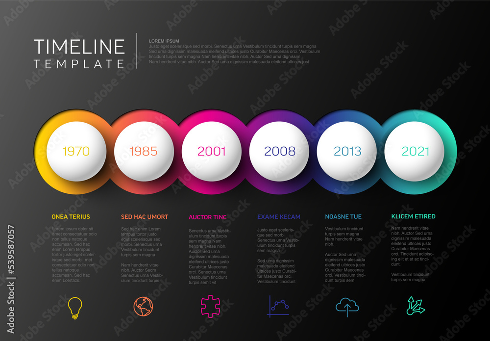 Dark Infographic Milestones Timeline Layout with Spheres Stock Template ...