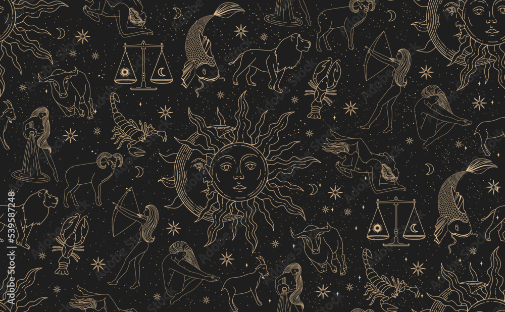 Seamless pattern with zodiac signs. Realistic illustration of zodiac ...