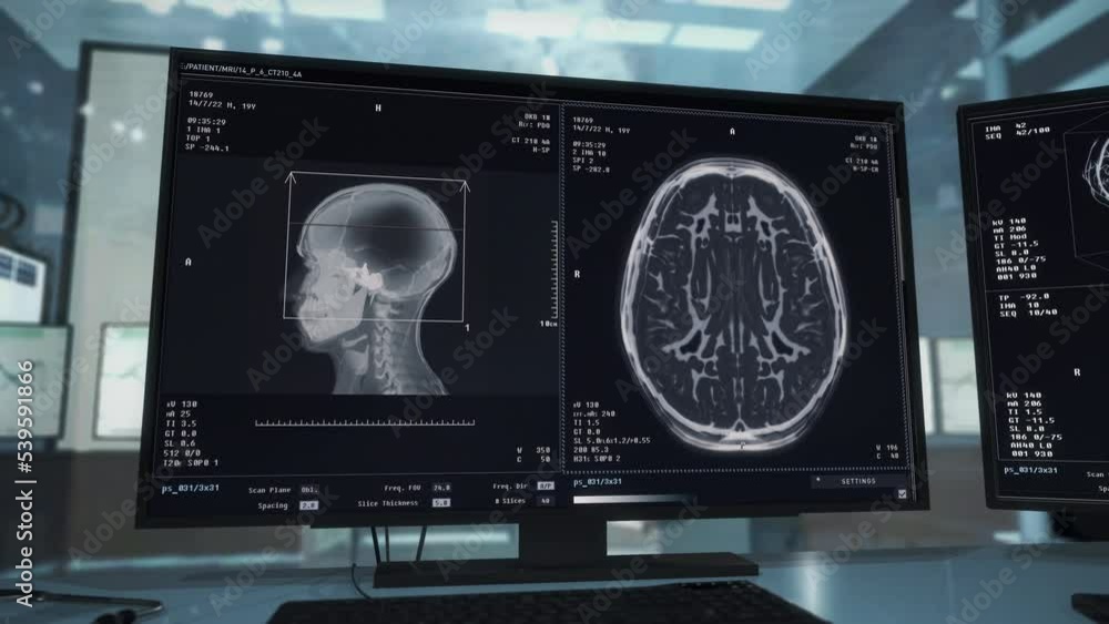 Examination of the patients brain imaging at the health care center ...