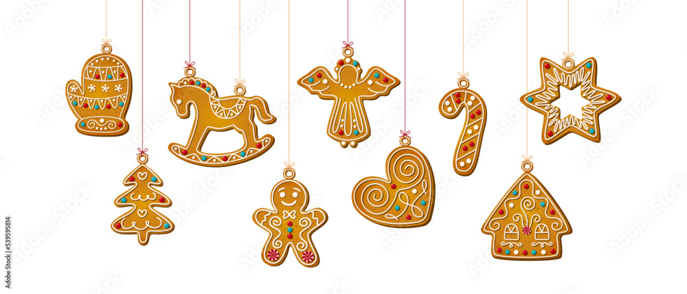 Hanging Christmas gingerbread cookies in cartoon style. Sweet biscuits ...