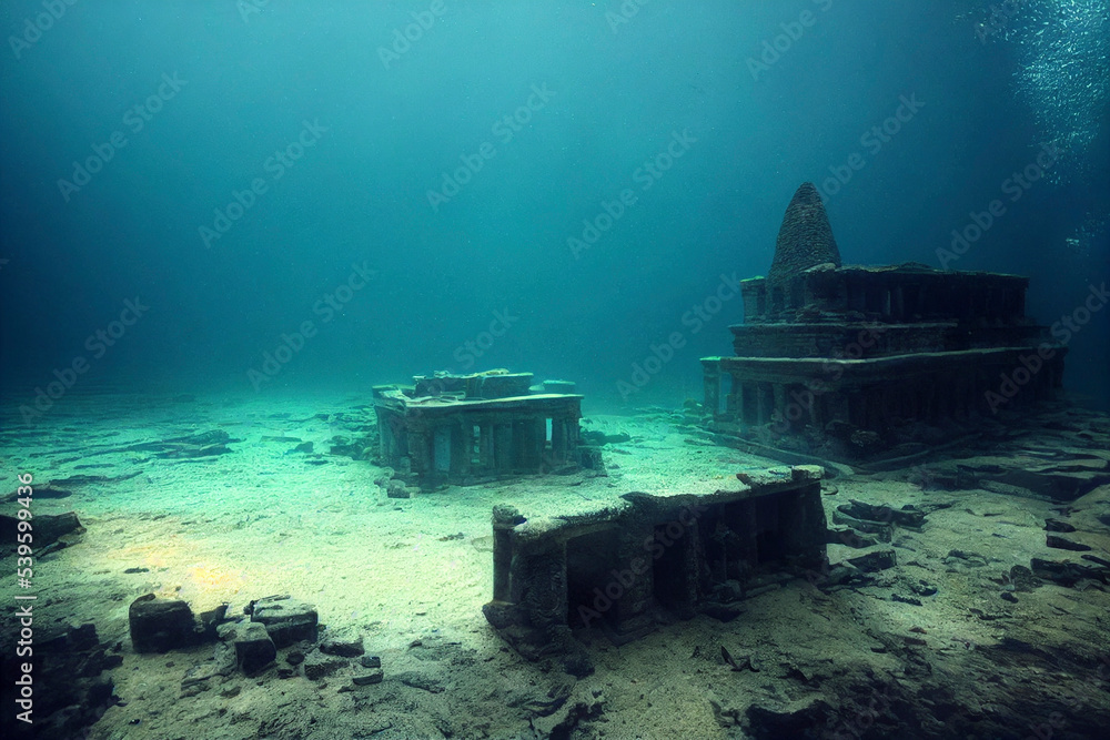 Illustration of an ancient underwater city, lost city of Atlantis Stock ...