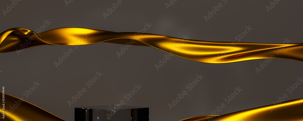 Gold color podium on gold fabric flying wave. Luxury background for ...