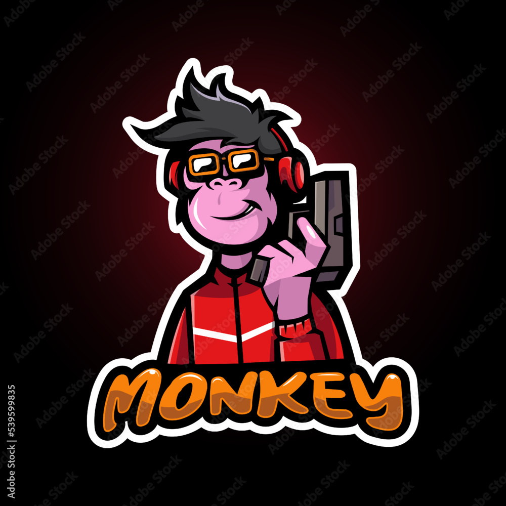 Geek Monkey Cartoon Mascot Logo. Chimpanzee Holding Gun Animal Design ...