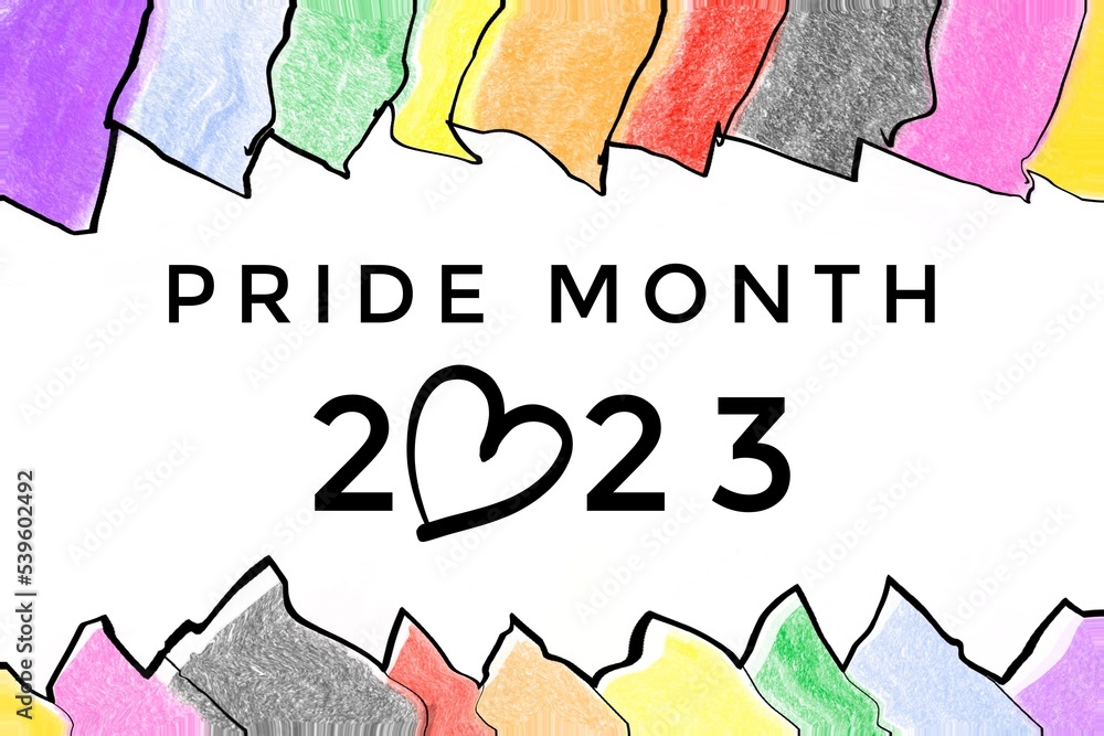 Drawing of rainbow colours with texts 'Pride Month 2023', concept for ...