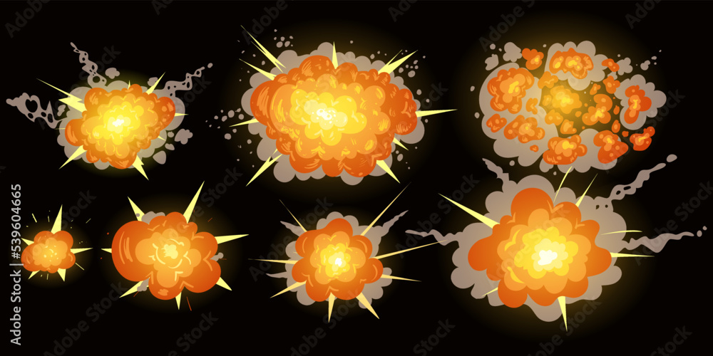 Cartoon explosions set on black screen. Vector flame from the ...
