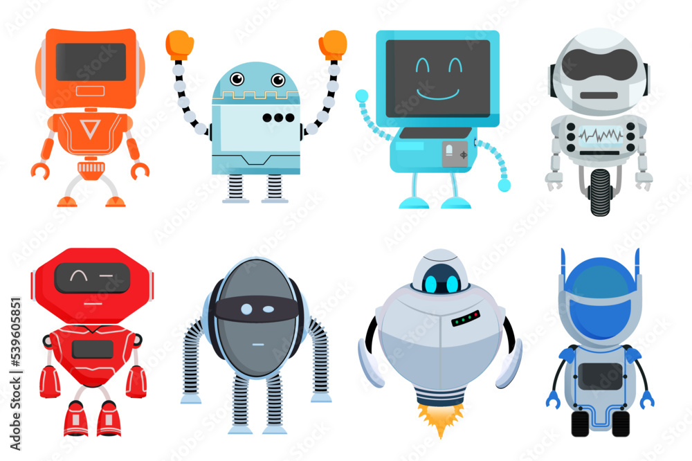 Robot characters vector set. Robotic characters isolated in white background with standing pose ...