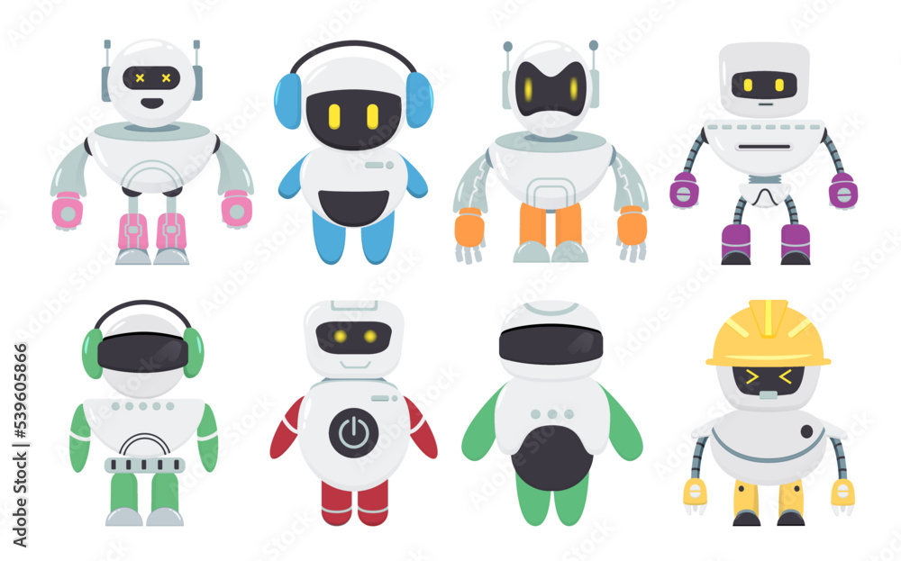 Robotic characters vector set design. Robotic ai character in standing ...