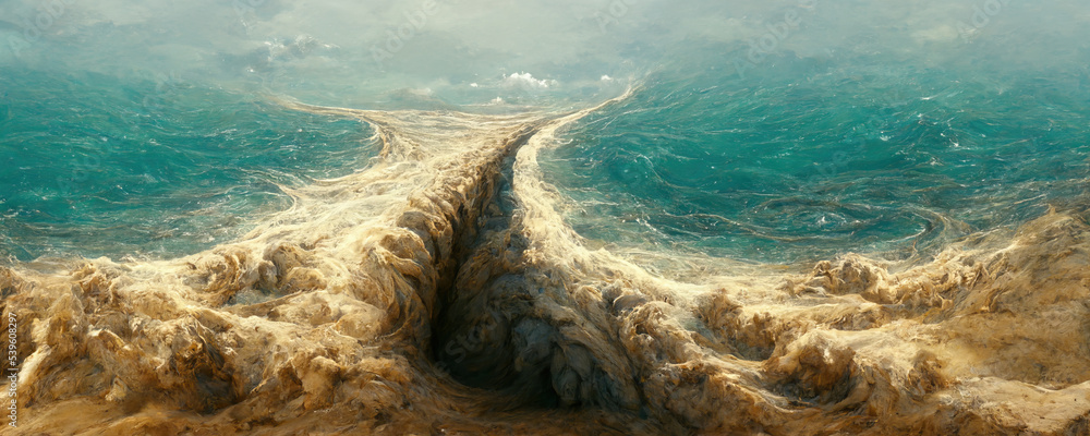 Ocean opening in biblical event of Moses. Opening of the Red Sea. 3D ...