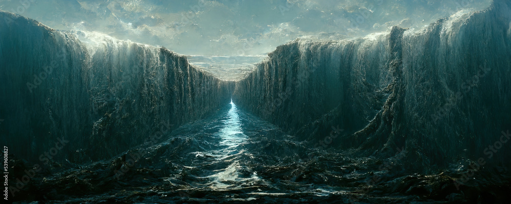 Ocean opening in biblical event of Moses. Opening of the Red Sea. 3D ...